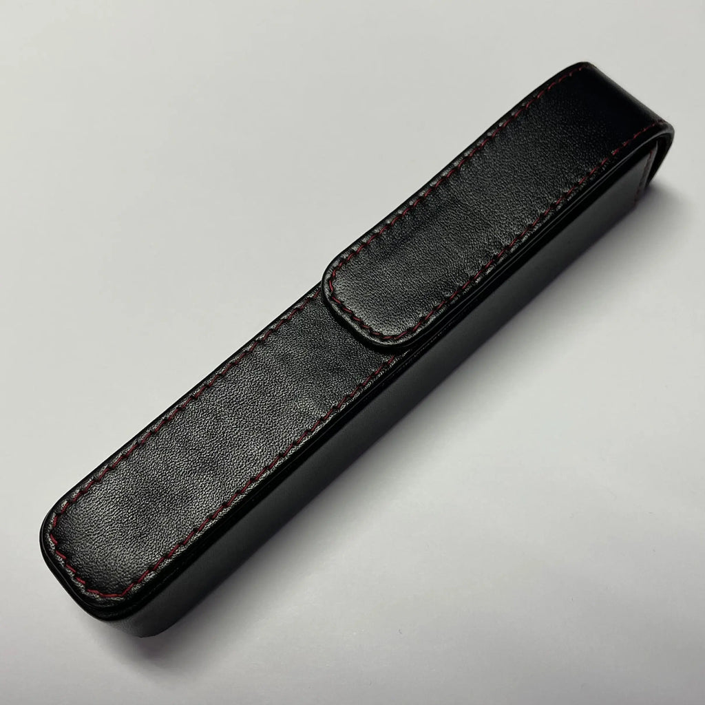 Pen Boutique Yak Leather Single Pen Box - Black with Red Stitching - M