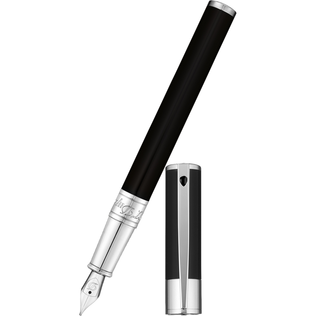 S T Dupont D-Initial Fountain Pen - Chrome Trim - Black - Pen Boutique Ltd